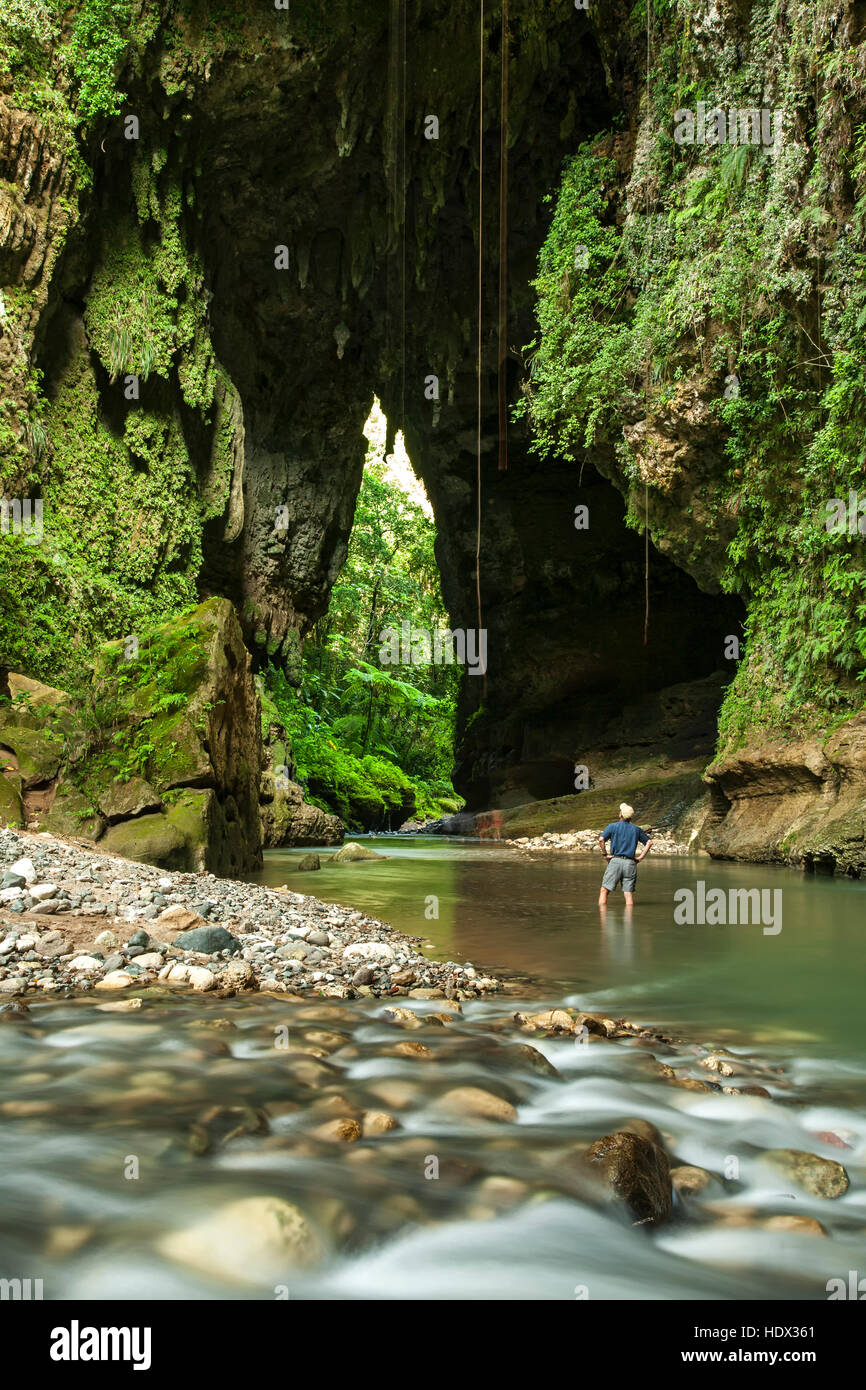 Hiker on Tanama River and limestone cave, near Utuado, Puerto Rico ...