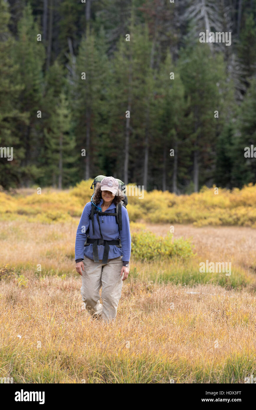 Backpacker hiking in a meadow in Oregon's Wallowa Mountains Stock Photo ...
