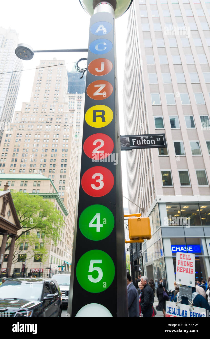 NEW YORK - MAY 2, 2016: Information pole about different subway lines ...