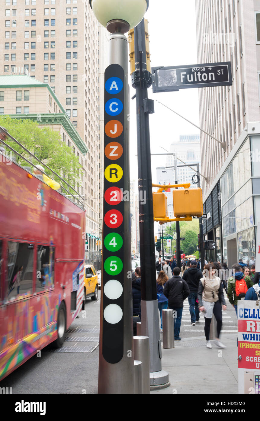 NEW YORK - MAY 2, 2016: Information pole about different subway lines ...