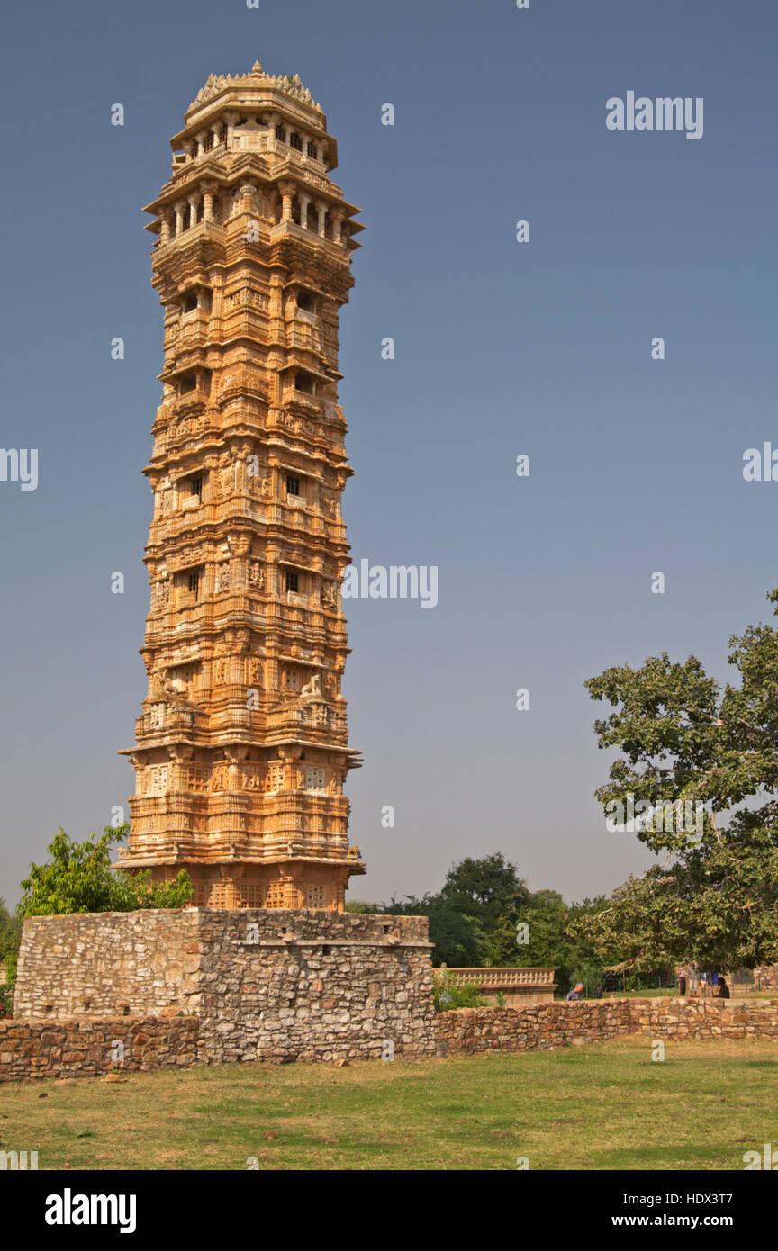 Ornate carved stone tower, Vijay Stambha, built to celebrate an ancient ...