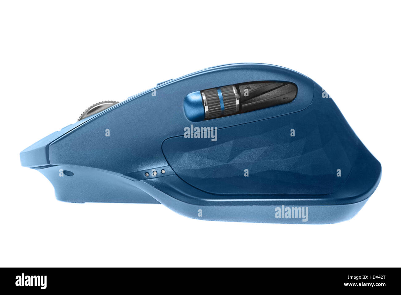 Wireless computer mouse. Blue color. Isolated on white background, side ...