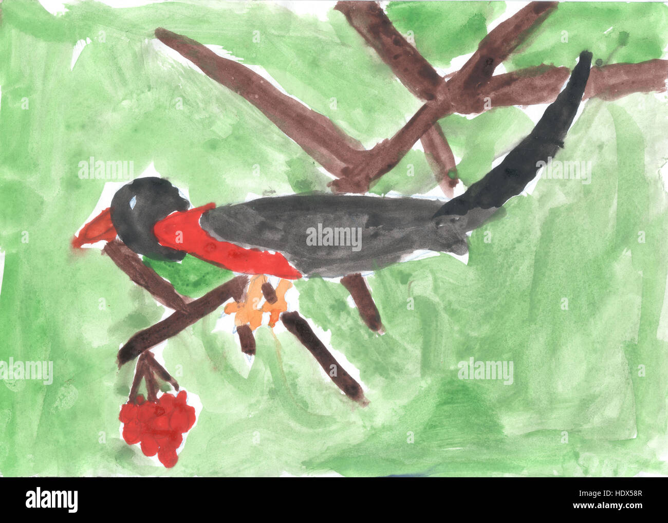 A child drawing of bird sitting on branch of Rowan Stock Photo - Alamy