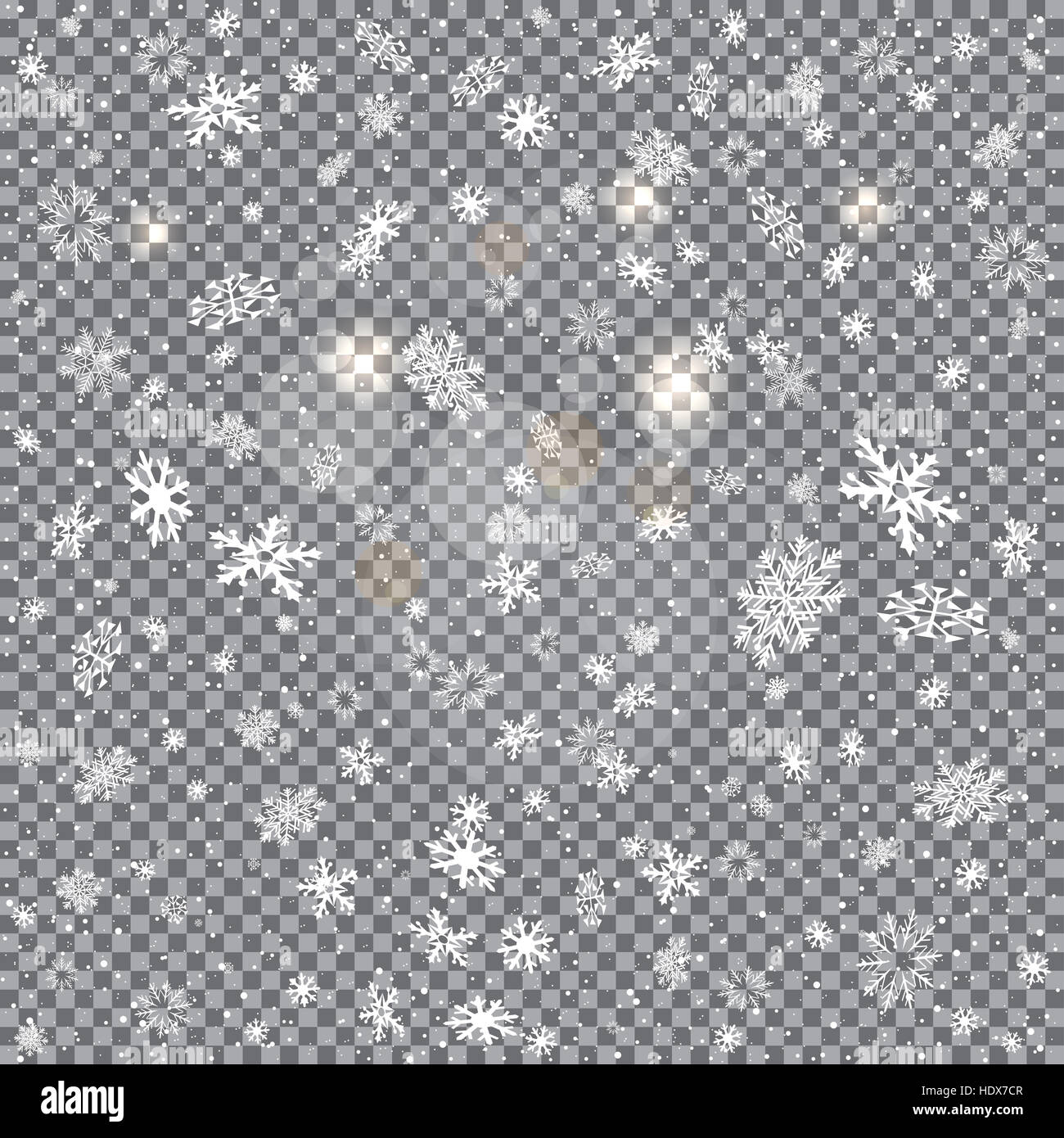Falling snow closeup and light reflect effect isolated on transparent ...