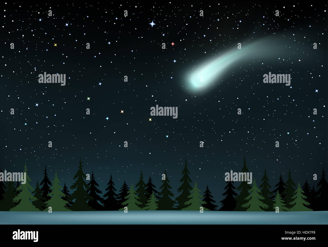 The large shining comet on stars background falling over the night wood ...