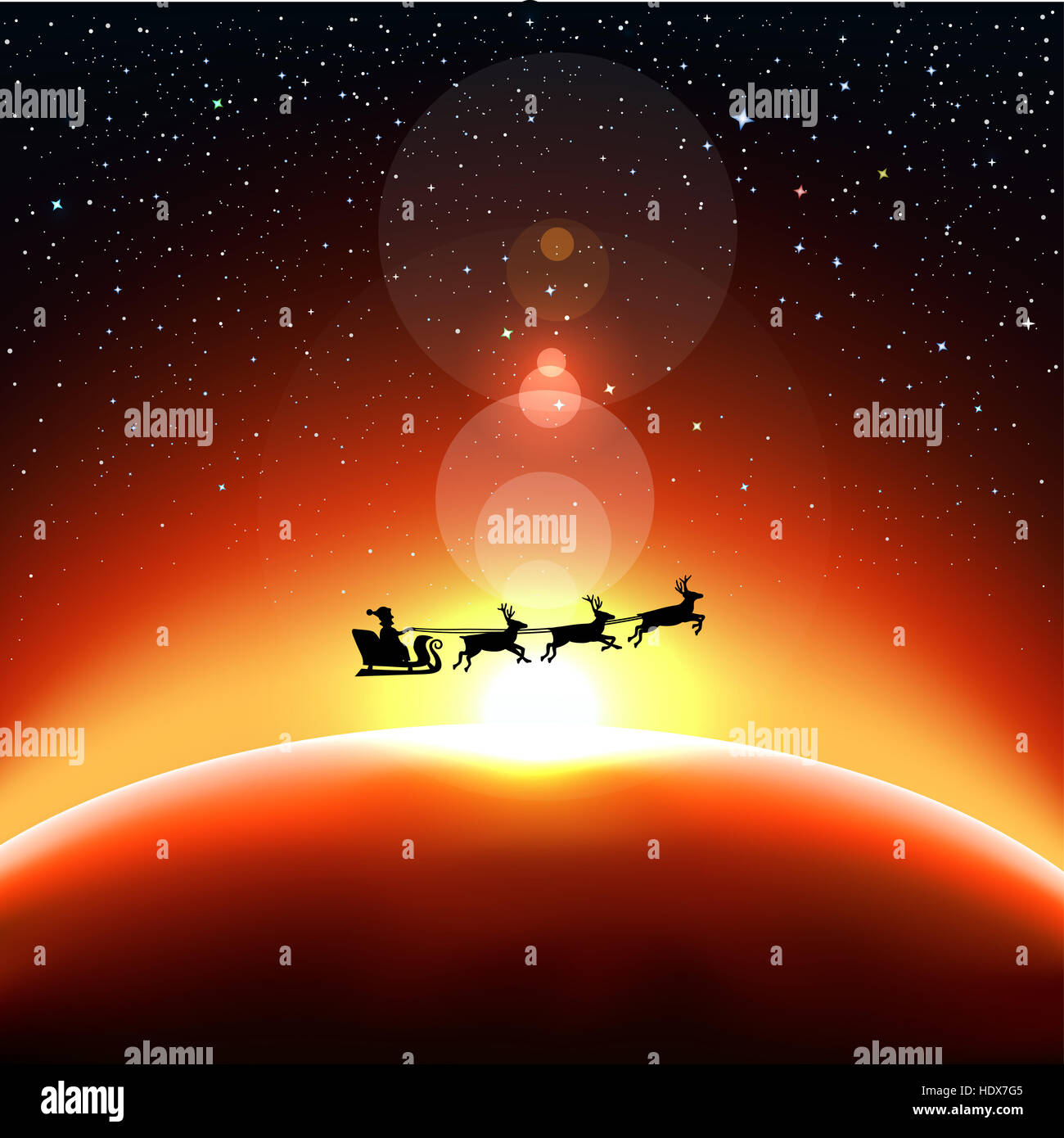 Santa Claus is flying in space on the background of the red planet ...