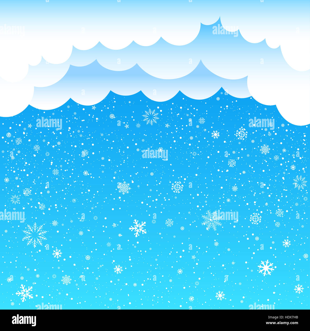 The cartoon clouds and snow falls on blue background. Winter time ...
