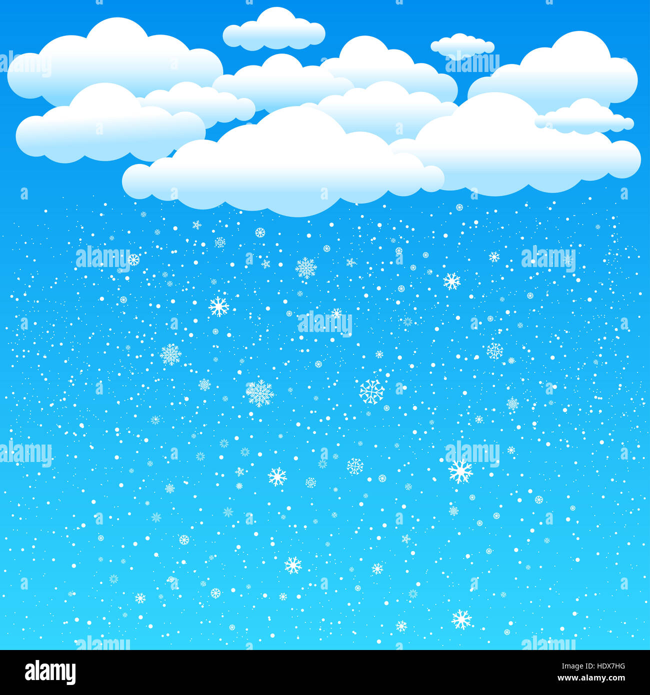 The simple cartoon clouds and snow falling on blue background. Winter ...