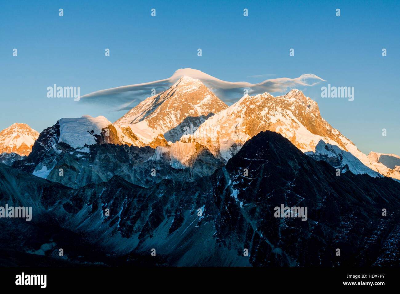 The mountain Mt. Everest (8848m) with a white cloud on top, seen from ...