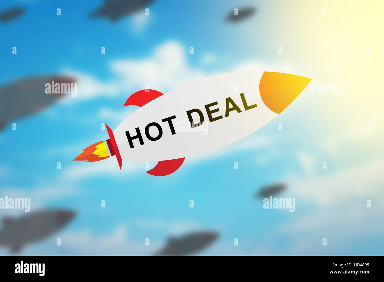 group of hot deal flat design rocket with blurred background and soft ...