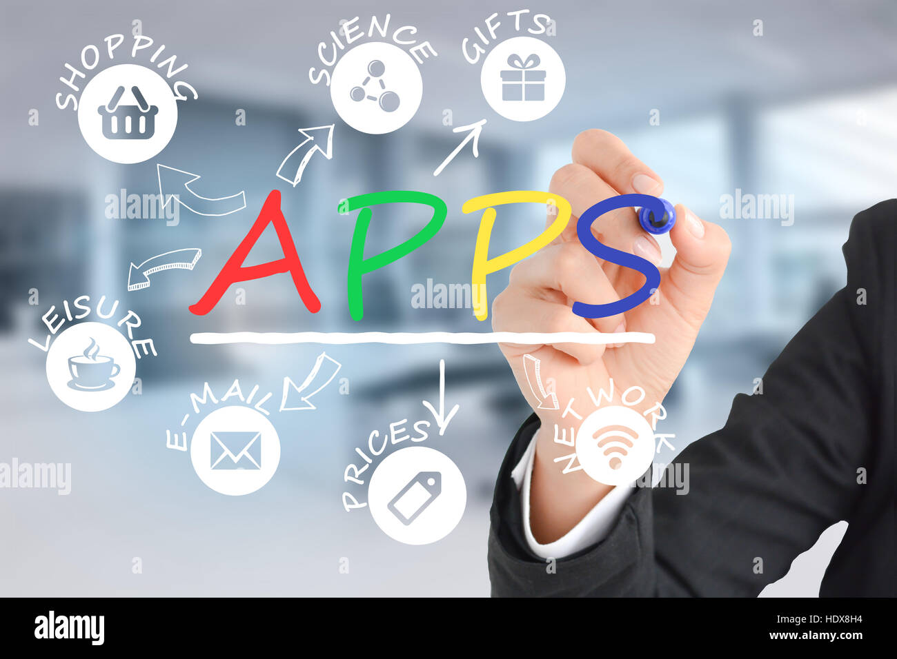 Business woman writing the word “APPS” with a marker on a transparent ...