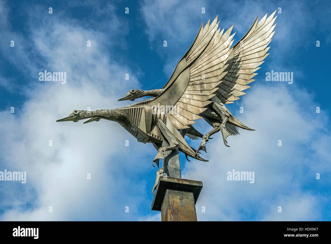 Statue, or metal casting, of three flying mallard ducks on the banks of ...
