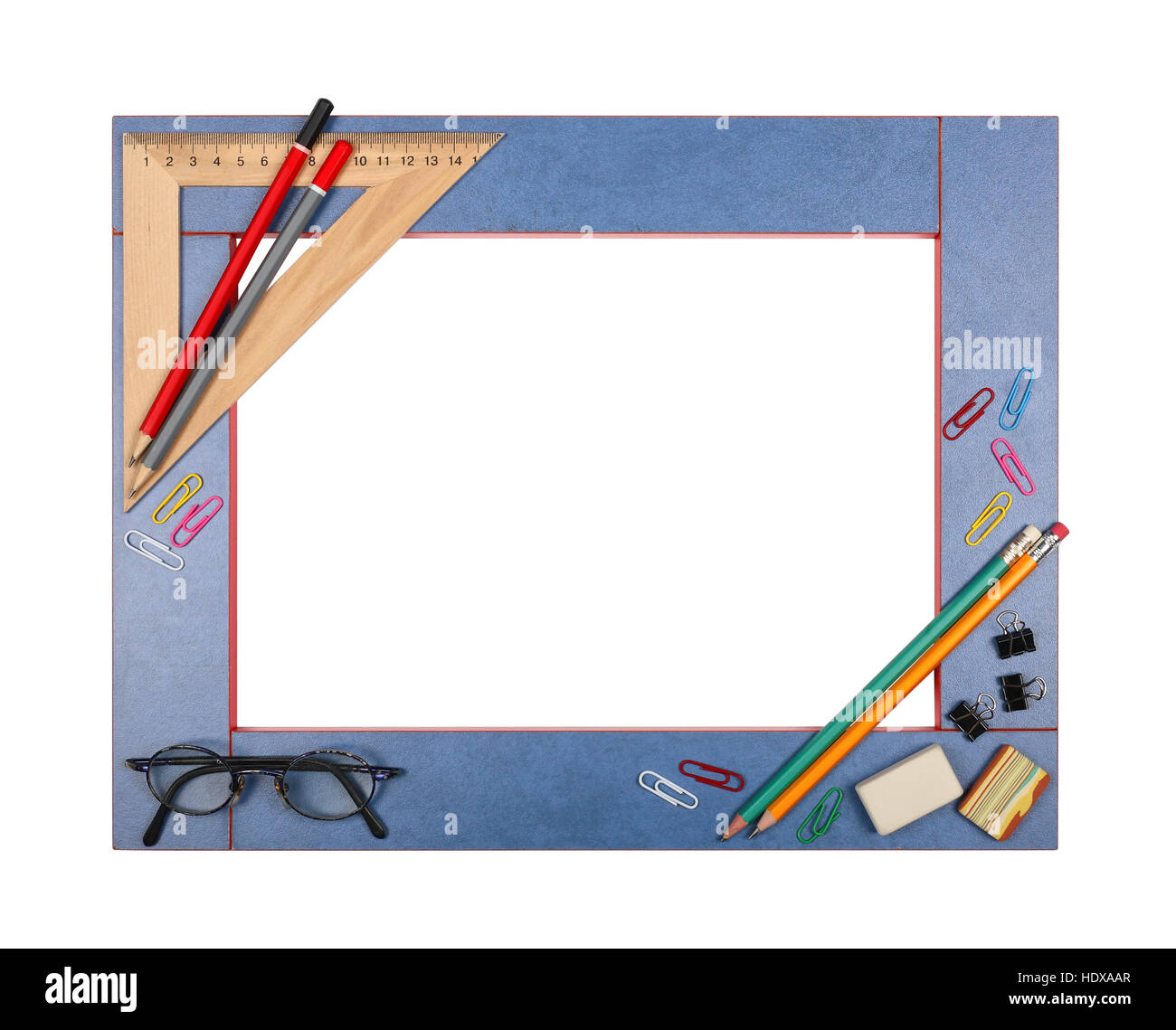 Blue art school frame with stationery - ruler, square, protractor ...