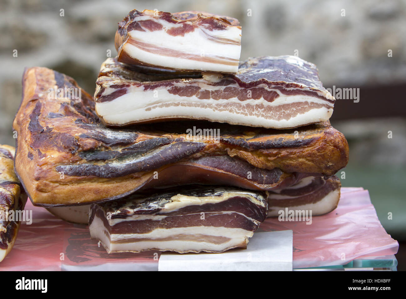 Smoked dried bacon market hi-res stock photography and images - Alamy
