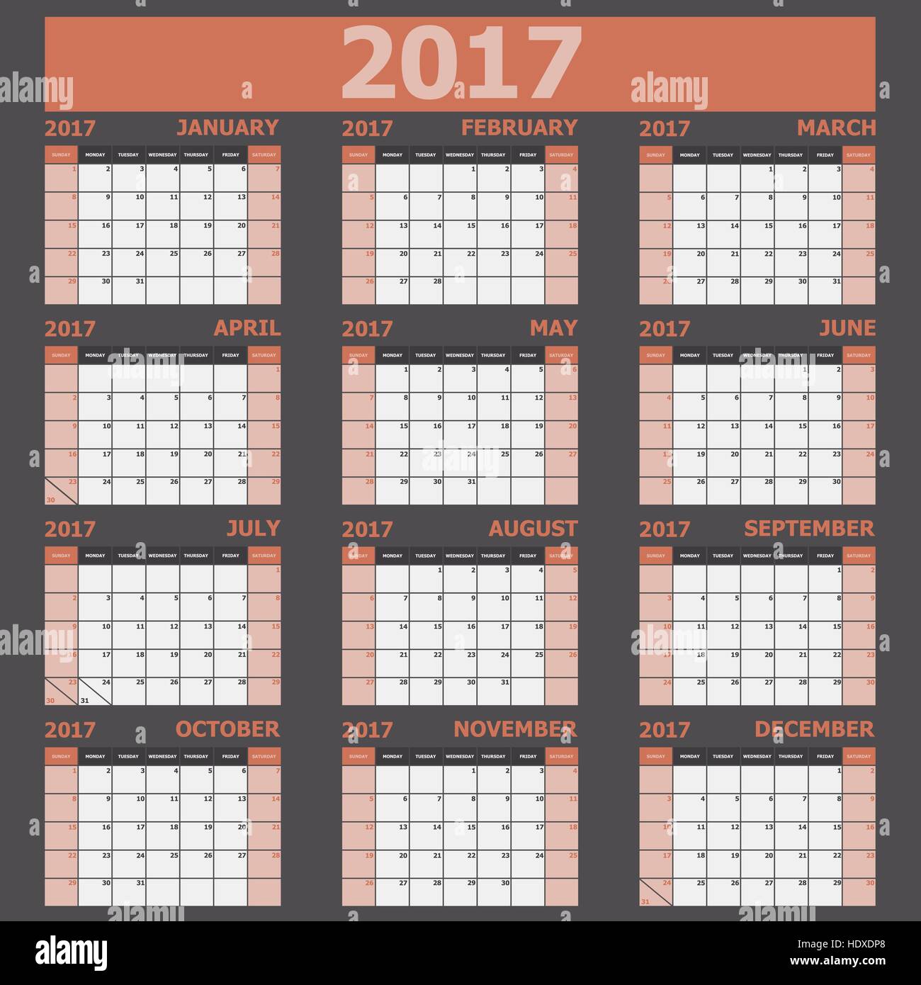 Calendar 2017 week starts on Sunday (orange tone), stock vector Stock ...