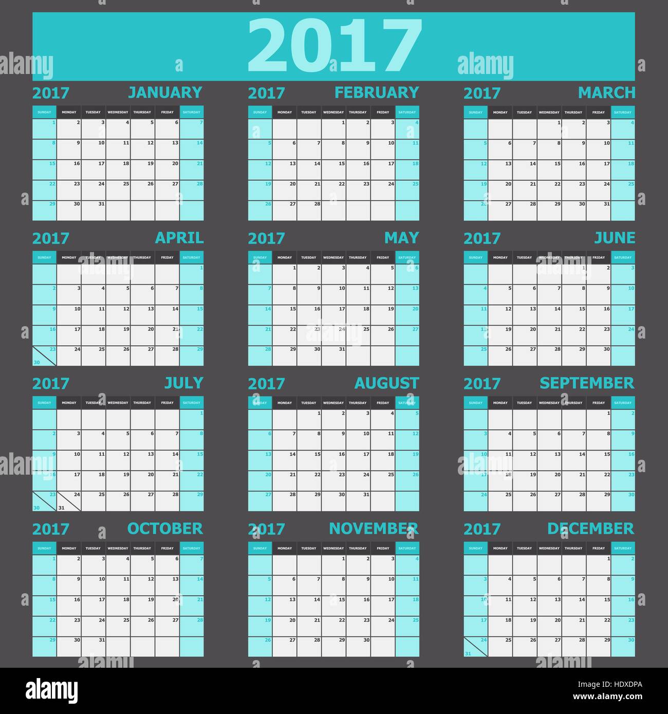 Calendar 2017 week starts on Sunday (light green tone), stock vector ...