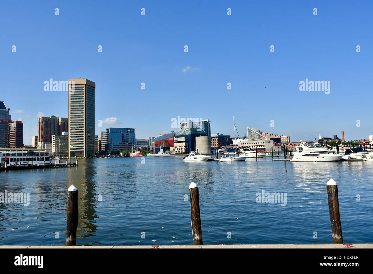 A beautiful view of the downtown Baltimore inner harbor on a warm ...
