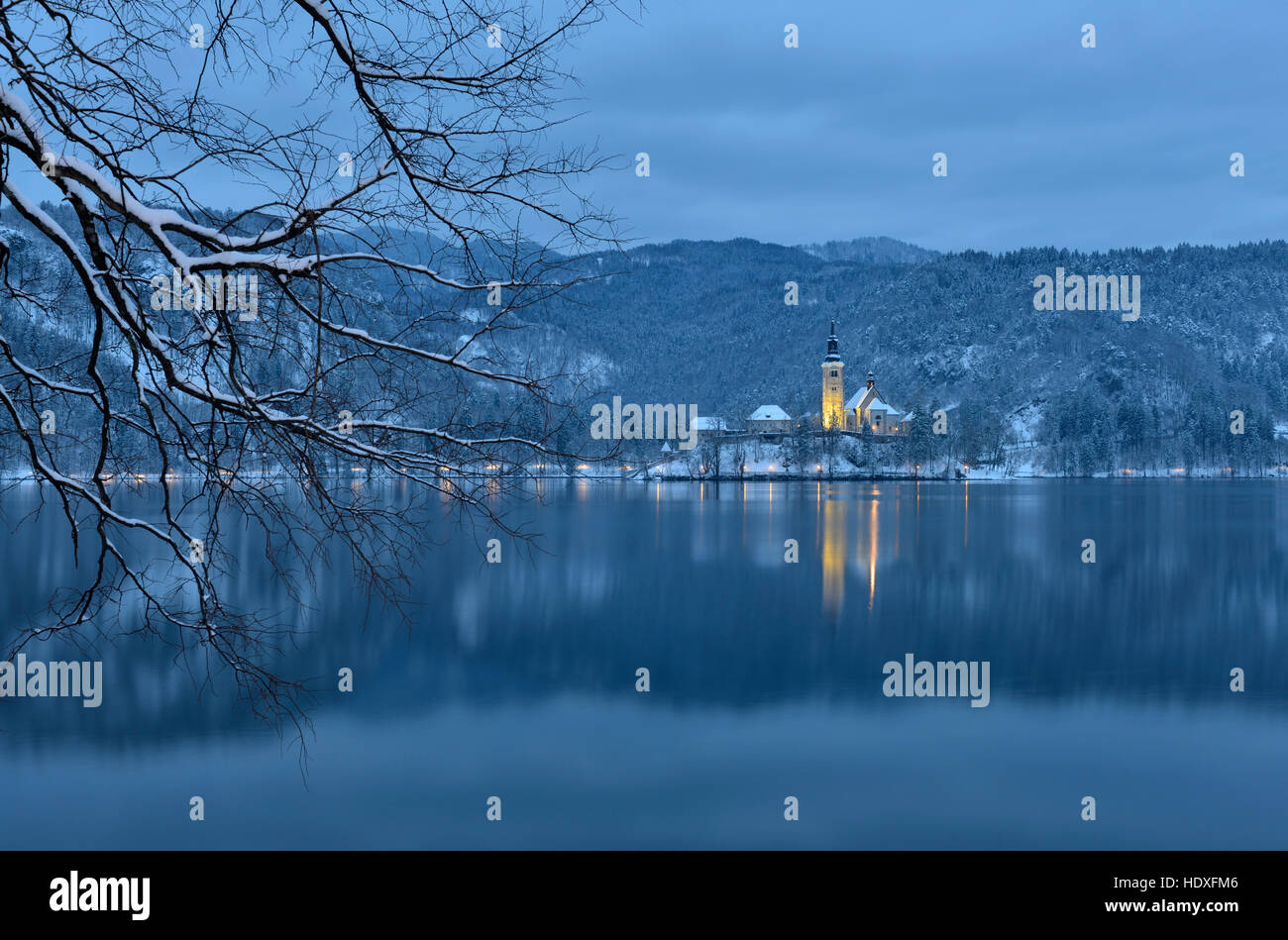 Lake Bled at dusk in winter, Julian Alps, Slovenia Stock Photo - Alamy