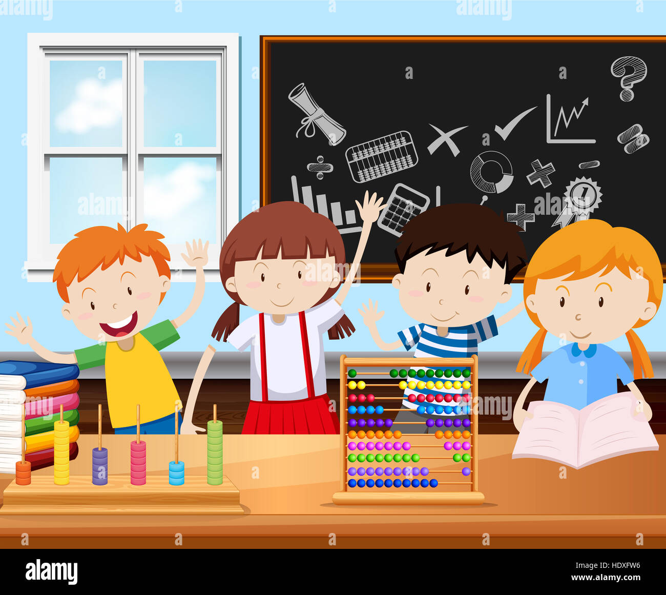 Four students in classroom illustration Stock Photo - Alamy