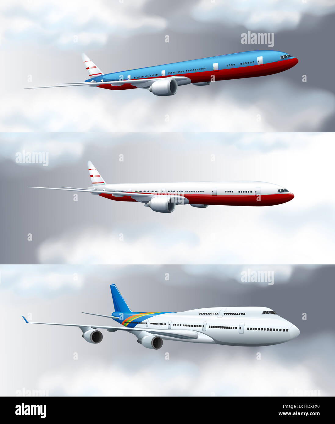 Three scenes with jet planes flying in sky illustration Stock Photo - Alamy