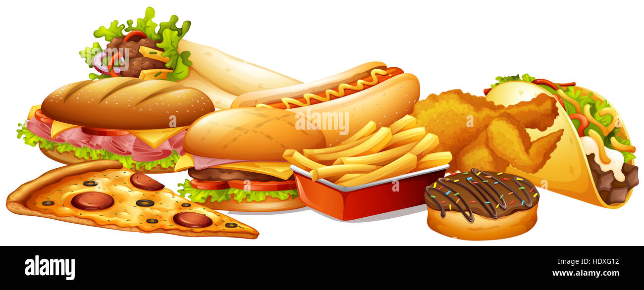 Different types of fastfood illustration Stock Photo - Alamy
