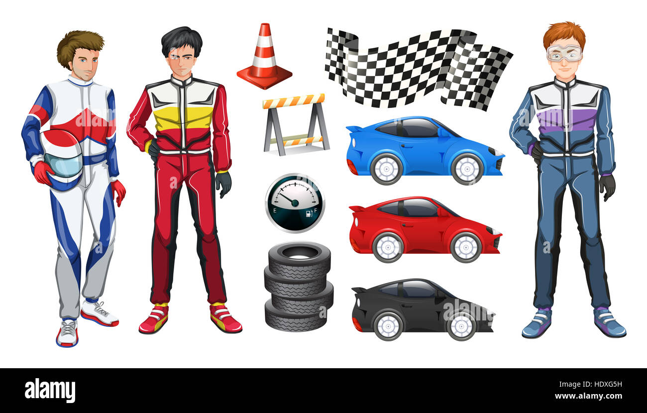 Racing cars and three racers illustration Stock Photo - Alamy