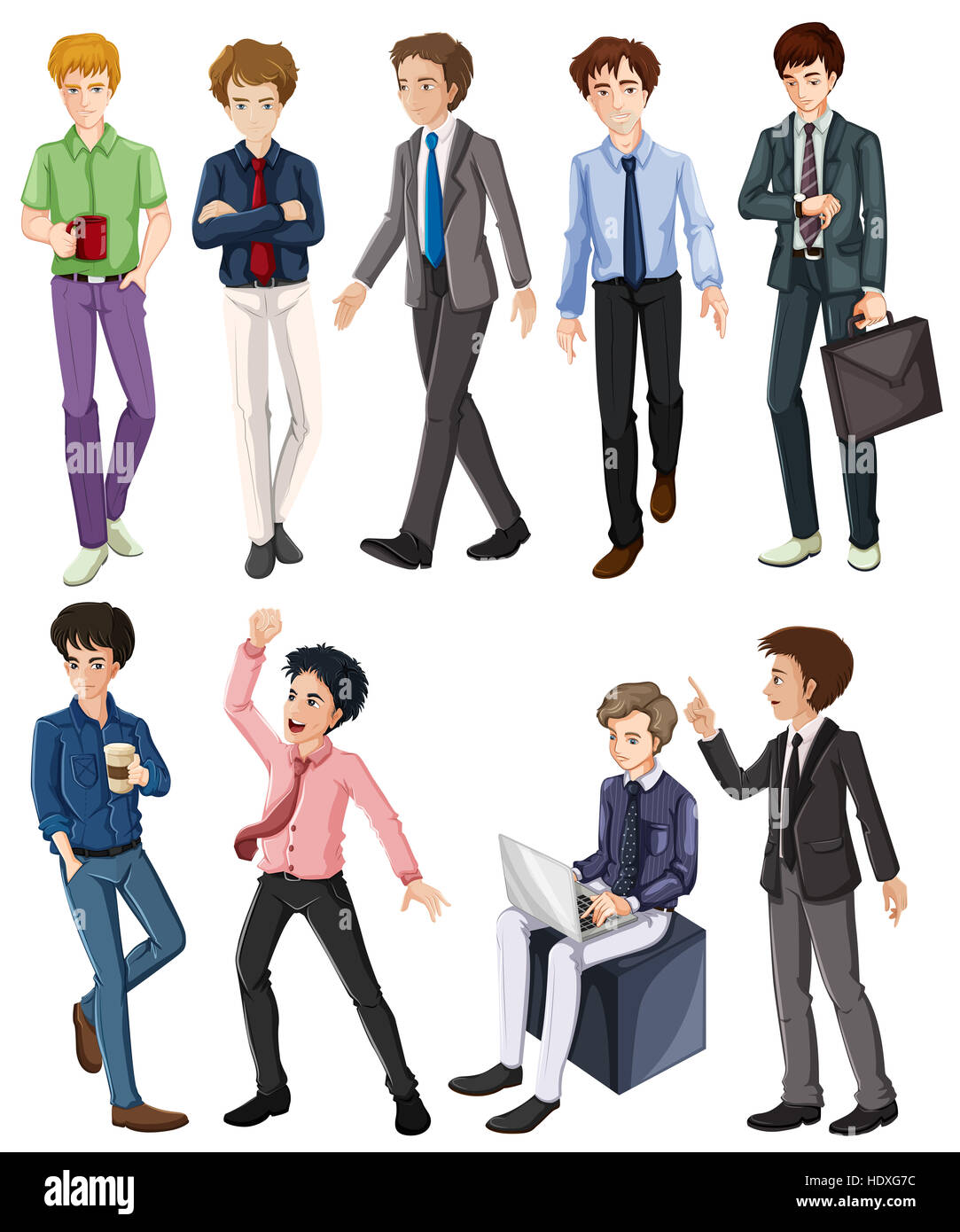 Male office workers in different actions illustration Stock Photo - Alamy
