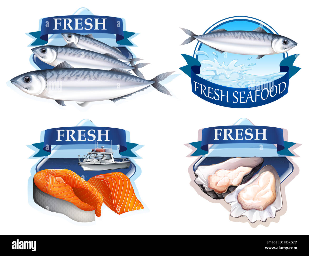 Label design with word and seafood illustration Stock Photo - Alamy