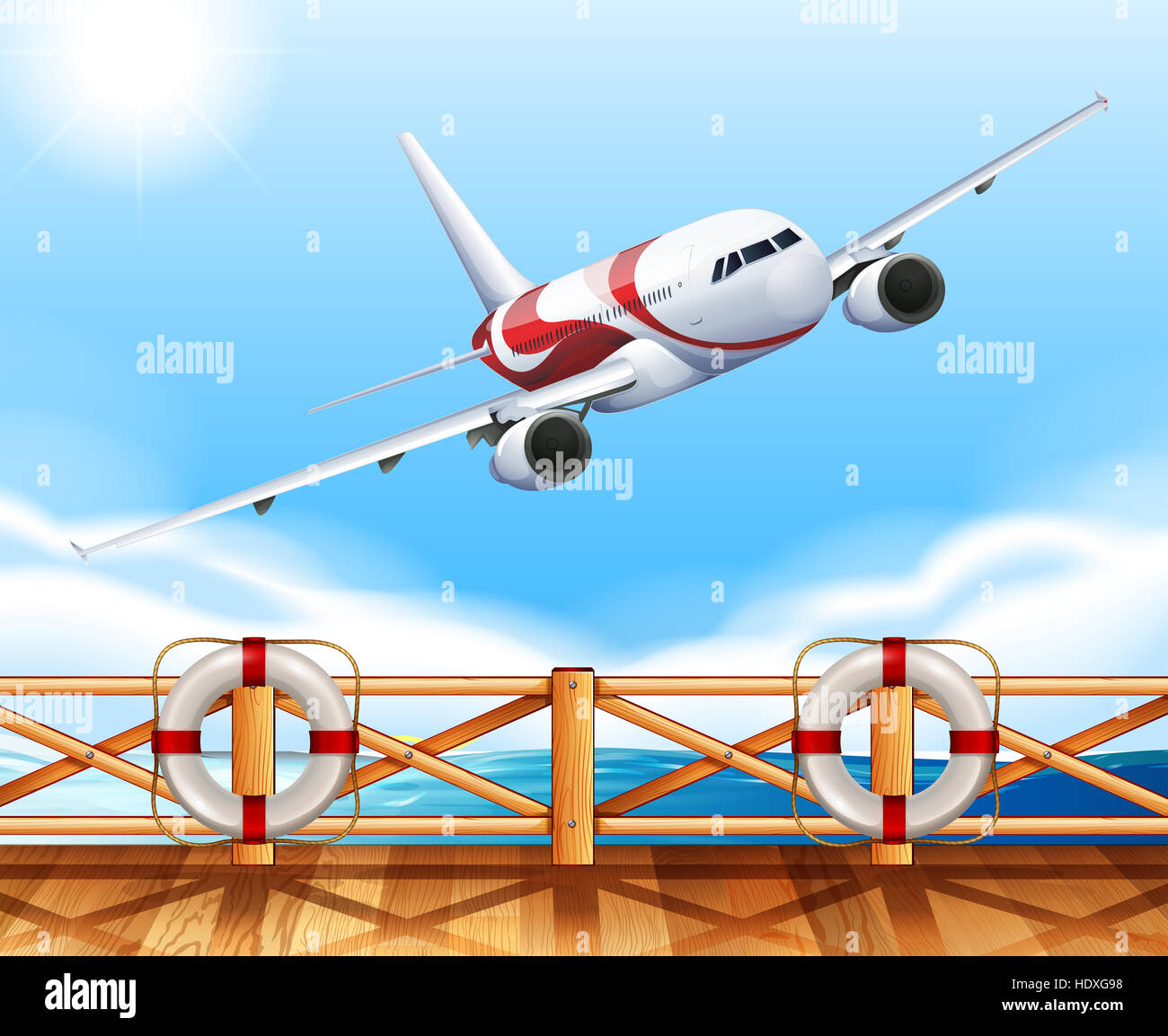 Scene with airplane flying over the bridge illustration Stock Photo - Alamy