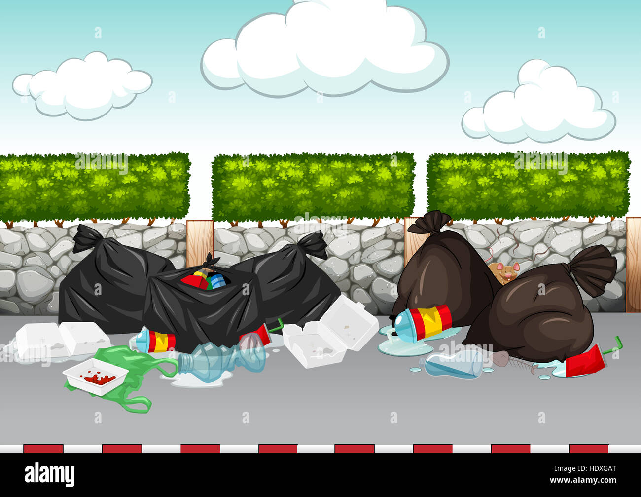 Scene with rubbish lying around the road illustration Stock Photo - Alamy