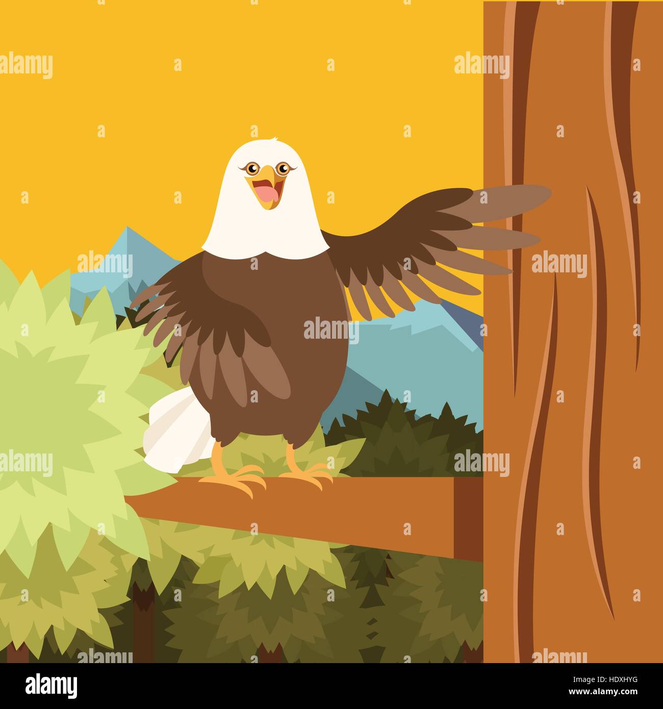 Vector image of the Happy Eagle on the Tree flat Background Stock ...