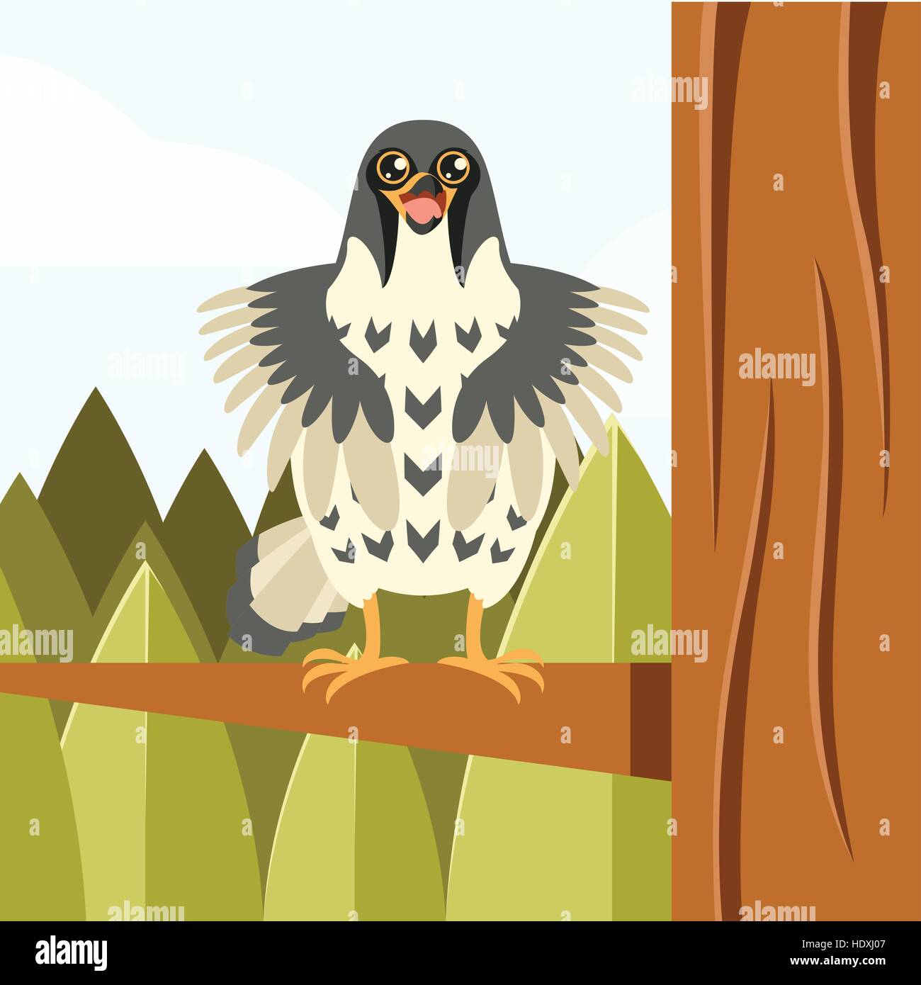 Vector image of the Happy Falcon on the Tree flat background Stock ...