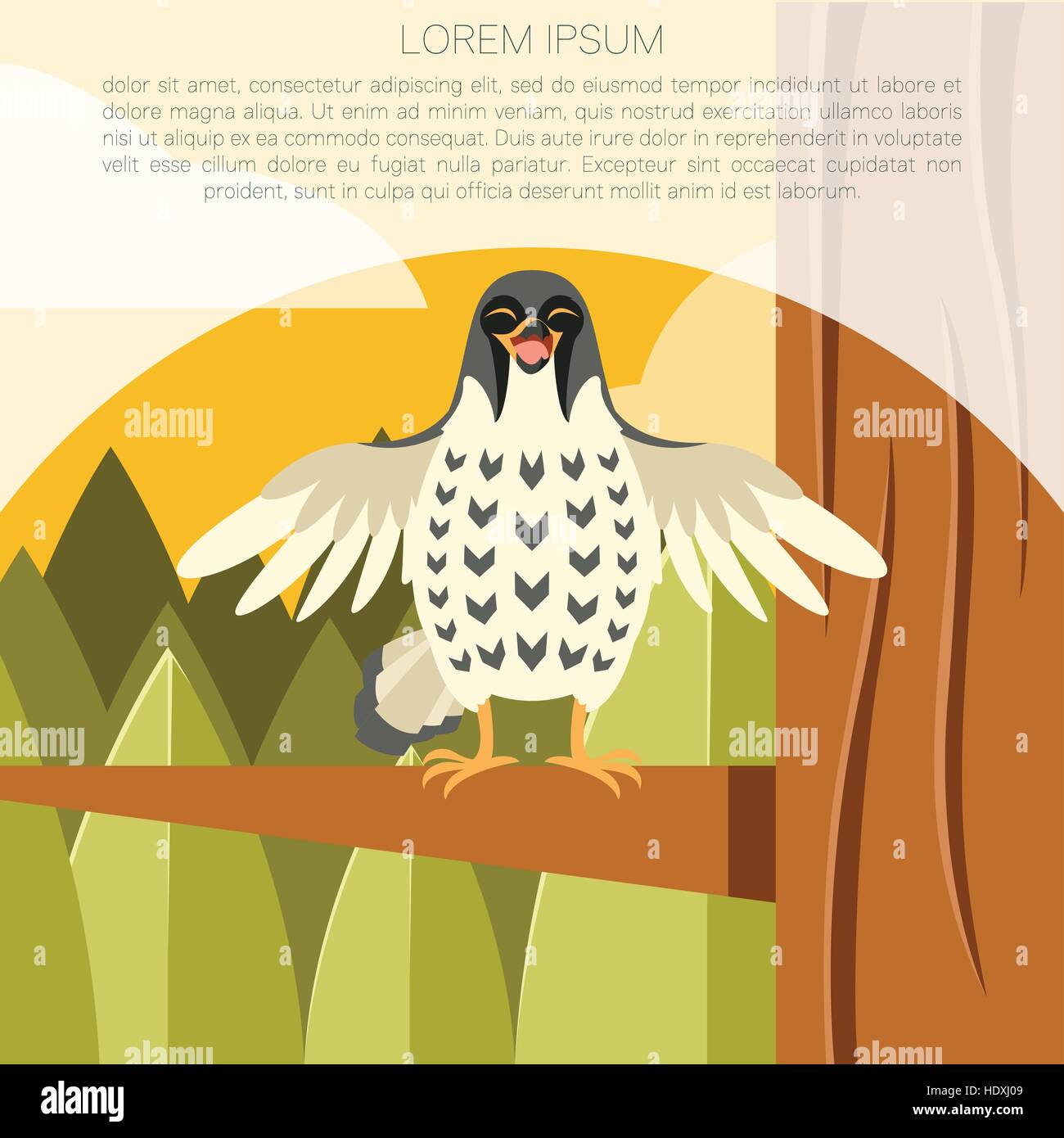 Vector image of the Happy Falcon on the Tree flat background Stock ...