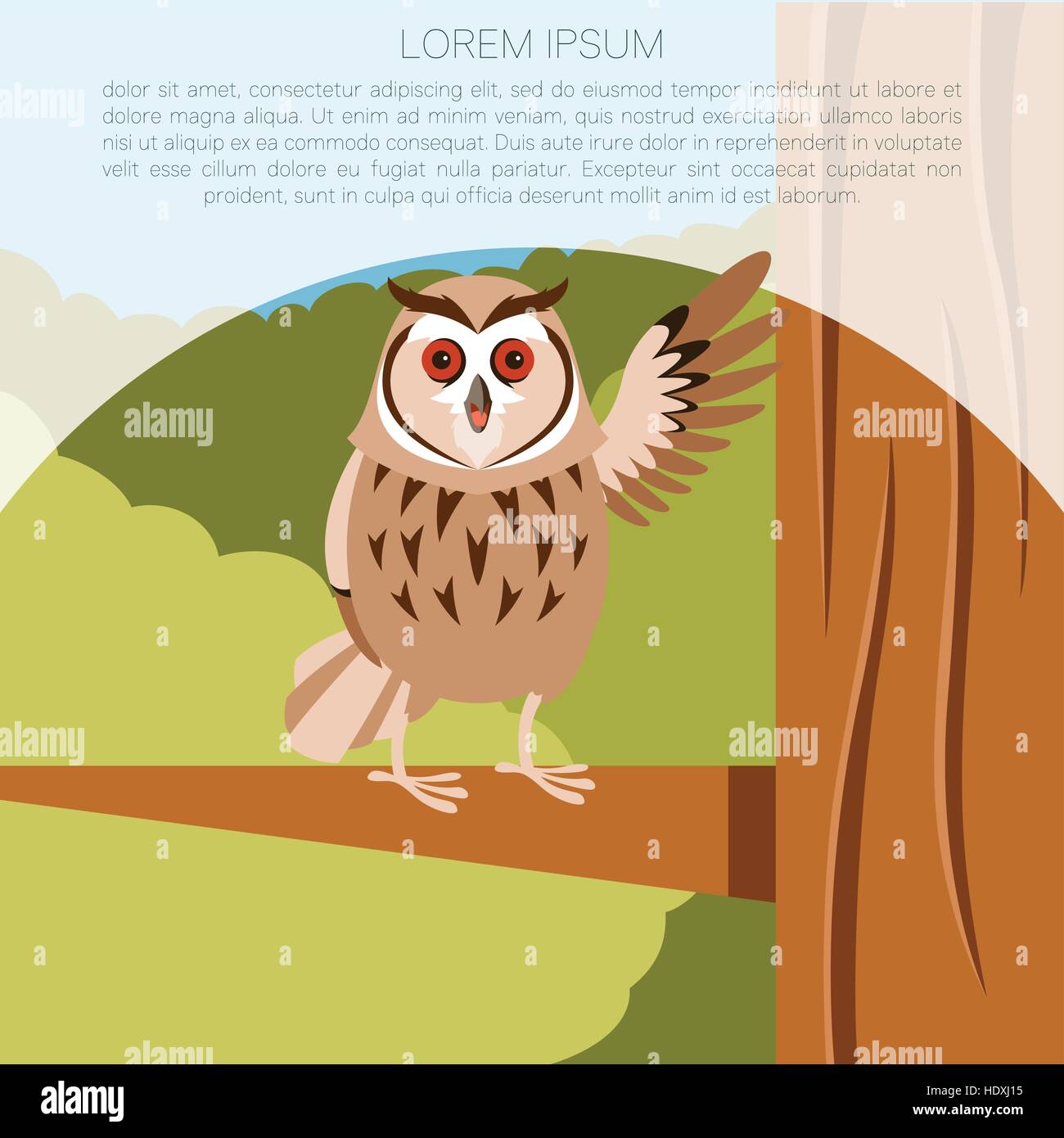 Vector image of the Happy Owl on the Tree flat background Stock Vector ...
