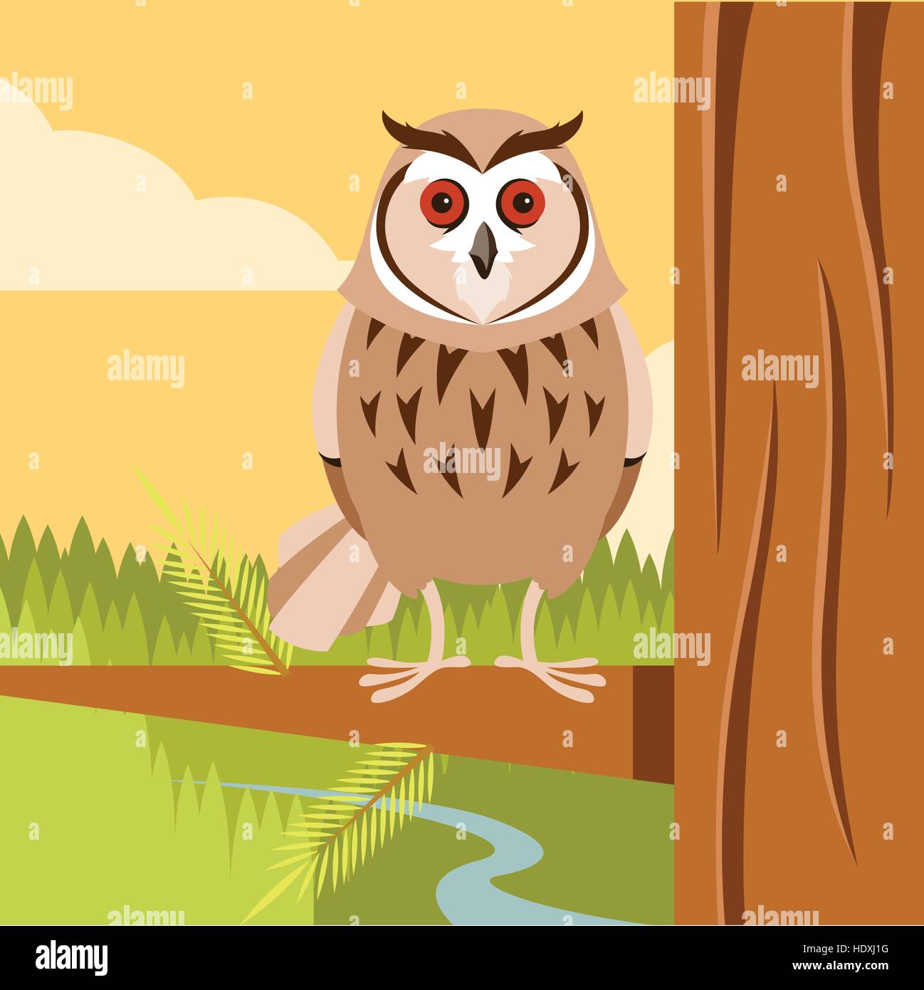 Vector image of the Happy Owl on the Tree flat background Stock Vector ...