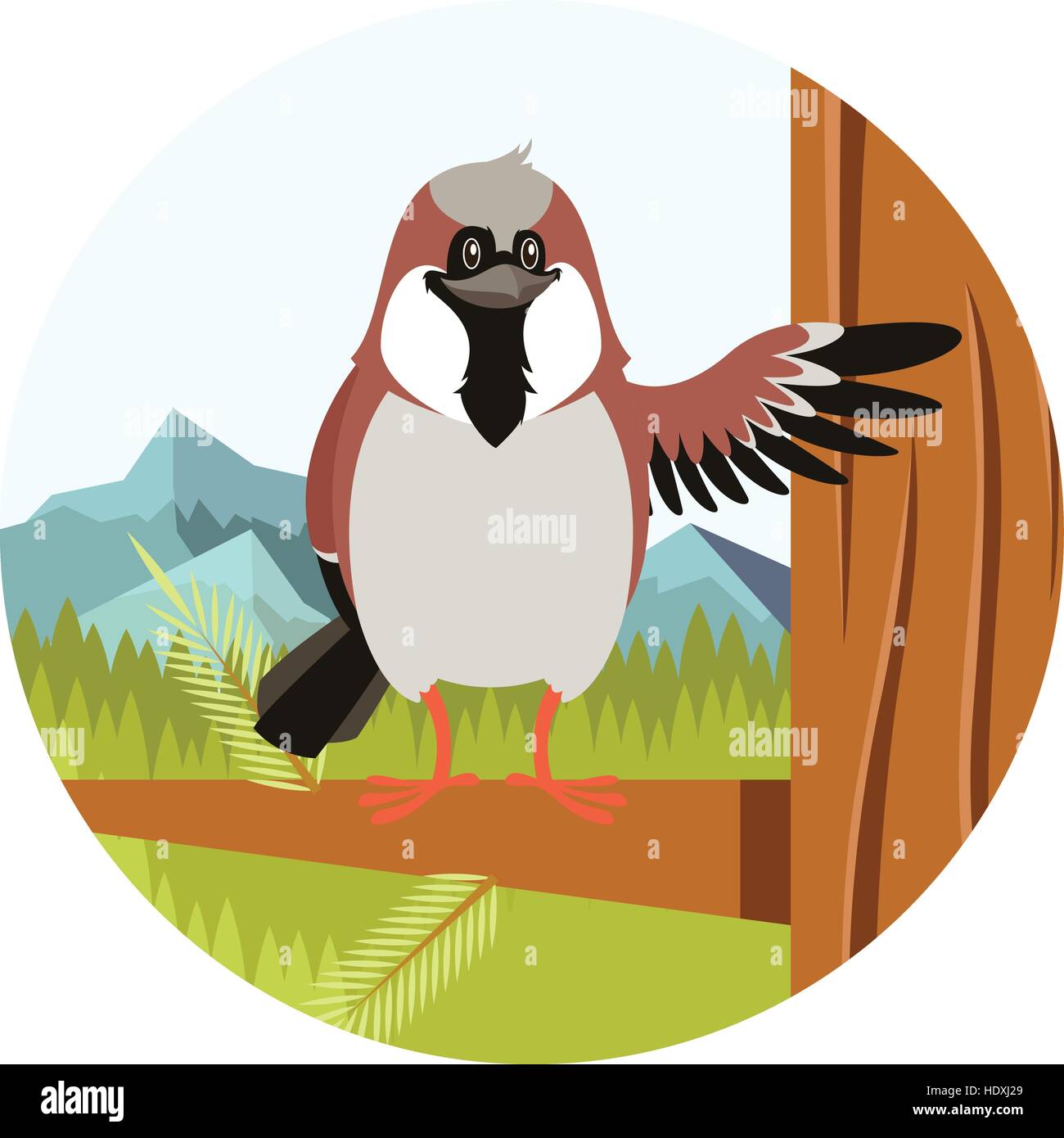 Vector image of the Happy Sparrow on the Tree flat background Stock ...
