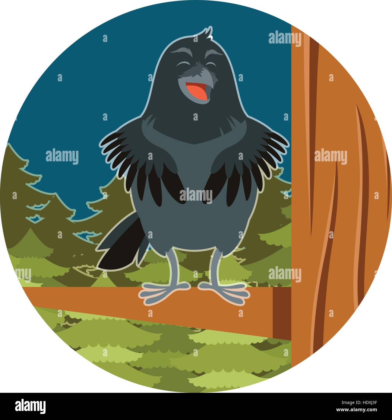 Vector image of the Happy Raven on the Tree winter flat background ...