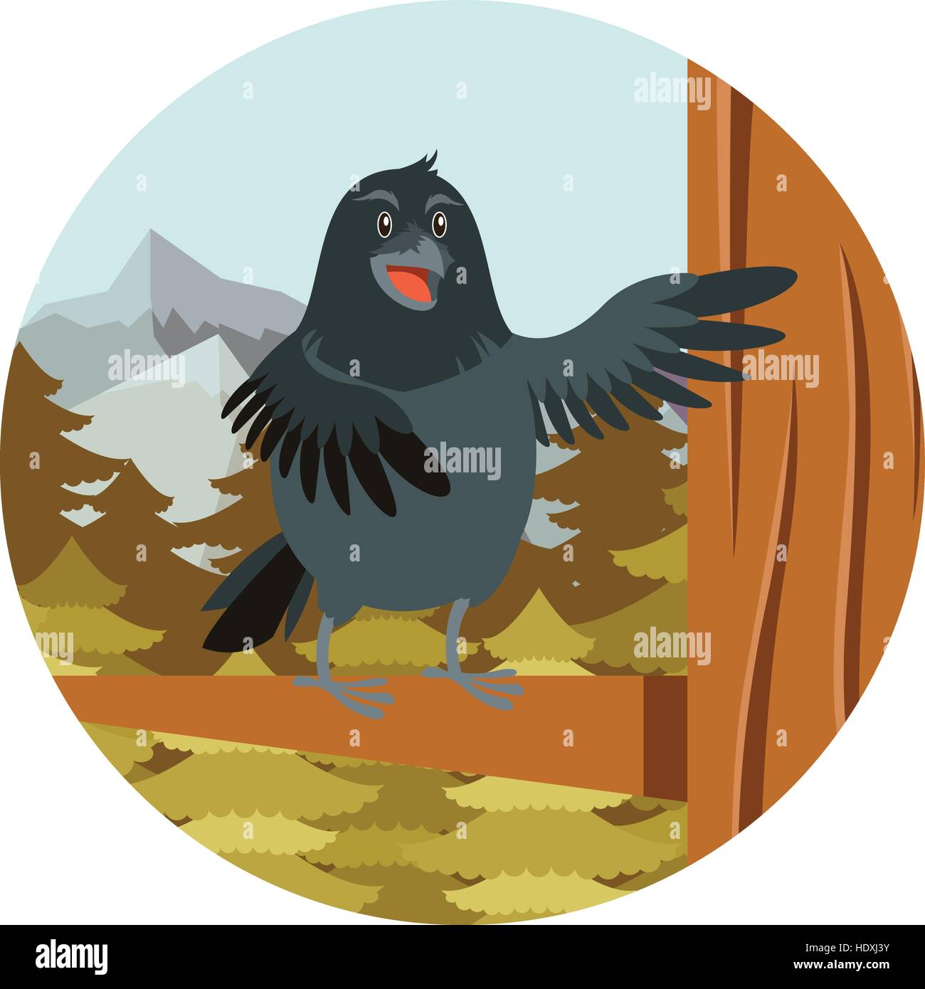 Vector image of the Happy Raven on the Tree winter flat background ...