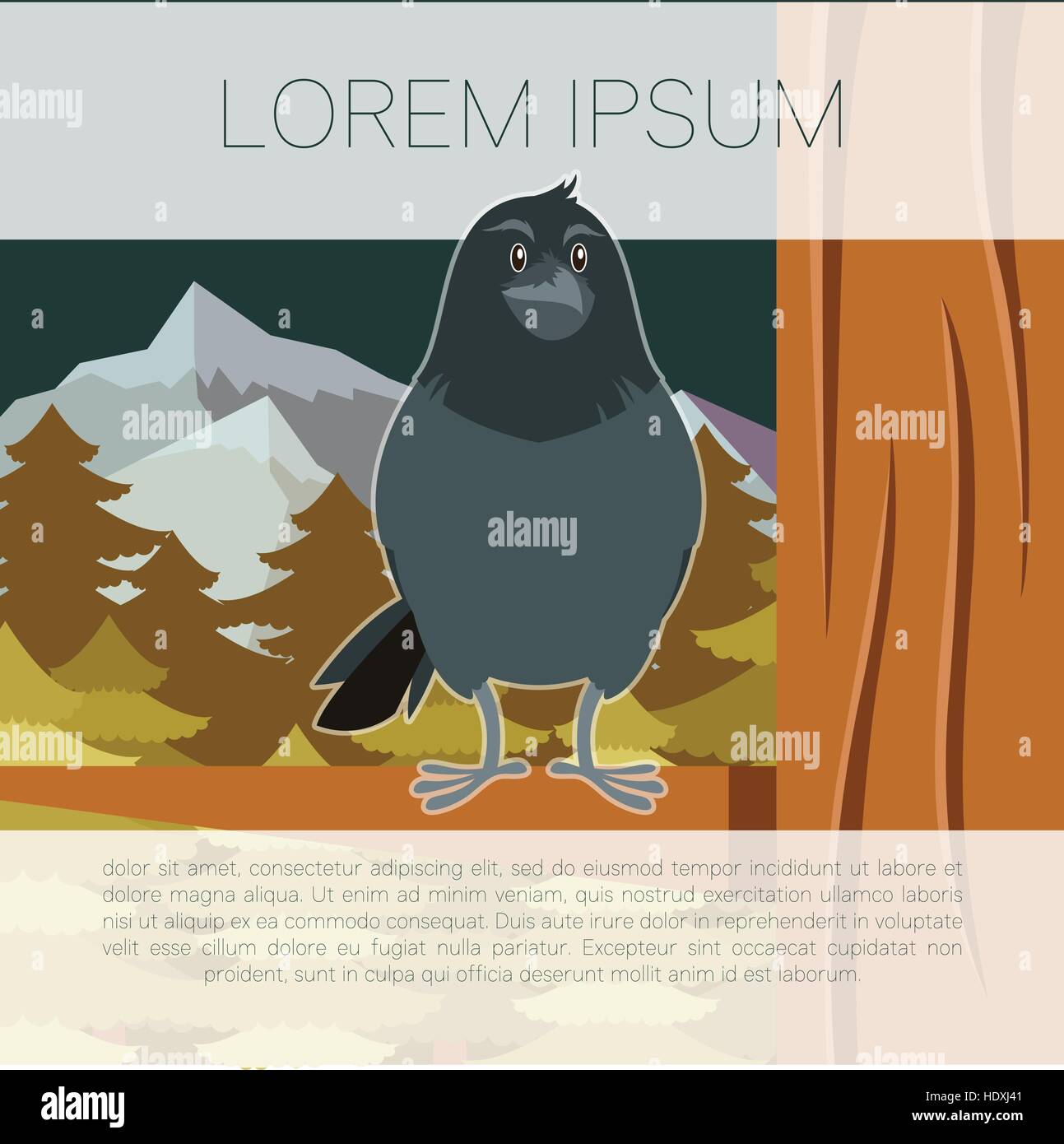 Vector image of the Happy Raven on the Tree winter flat background ...