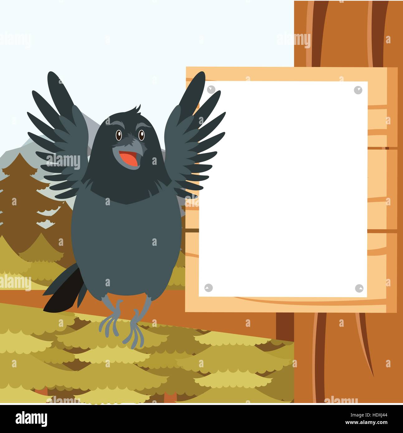 Vector image of the Happy Raven on the Tree winter flat background ...