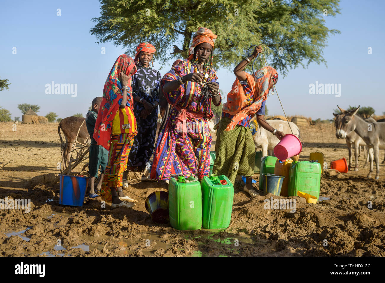 Fulani women gathering water from a hole in the Sahel, Burkina Faso ...