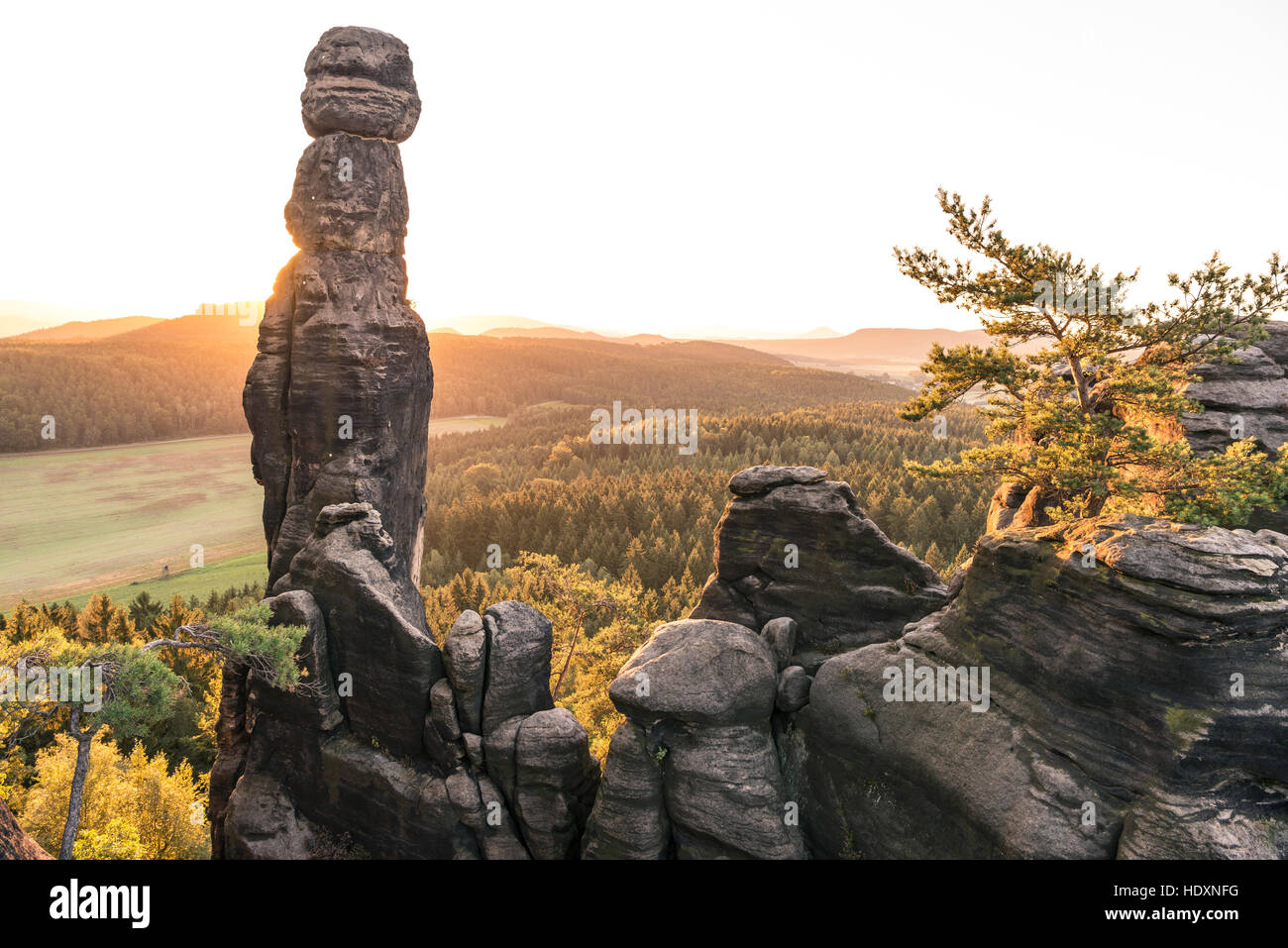 Barbarine at sunrise, Pfaffenstein, Elbe Sandstone Mountains, Saxony ...