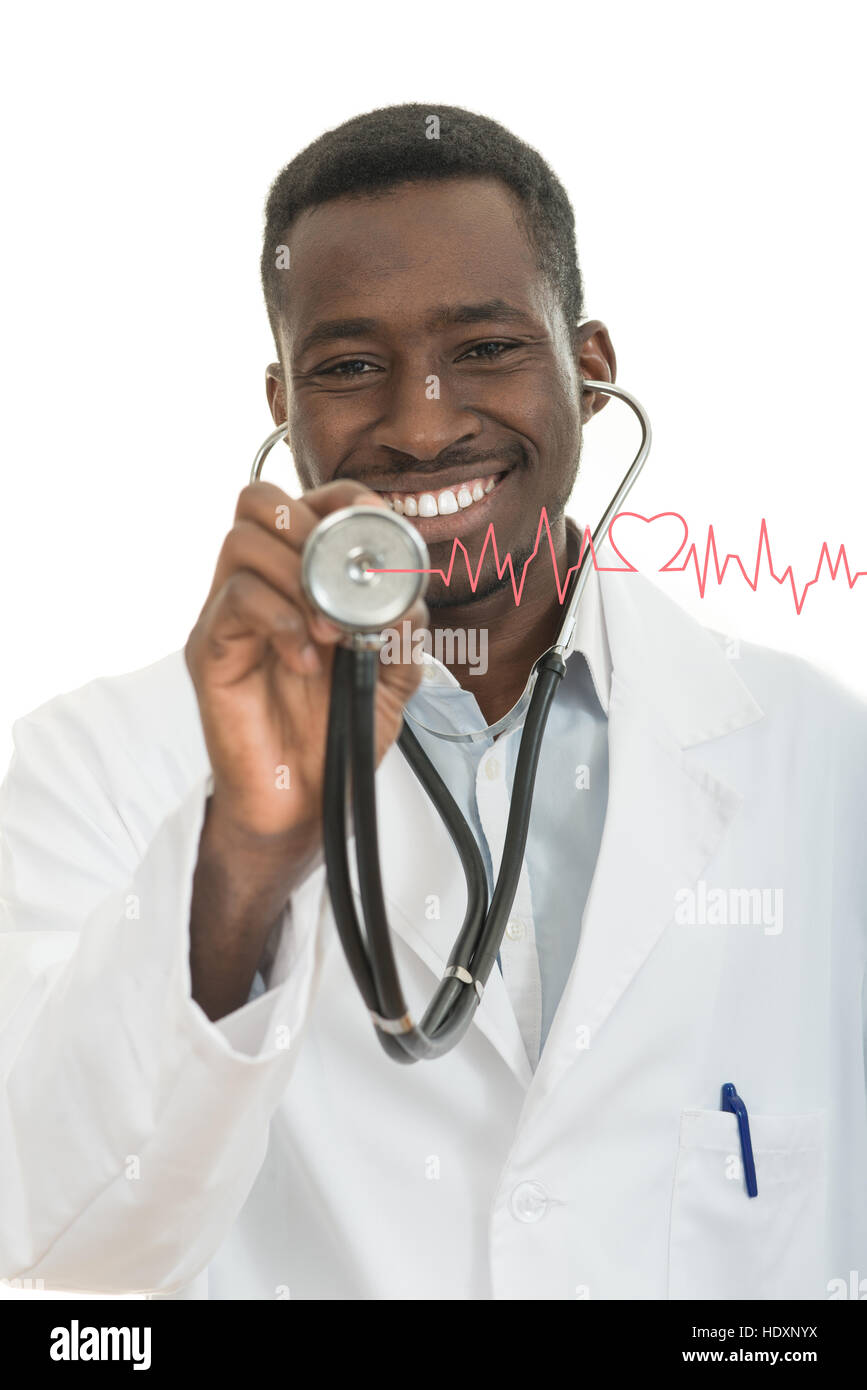 African-American black doctor man with stethoscope with hearth EKG ...