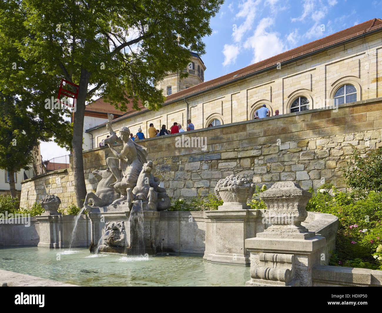 Wittelsbach Fountain, castle church and castle tower in Bayreuth, Upper ...