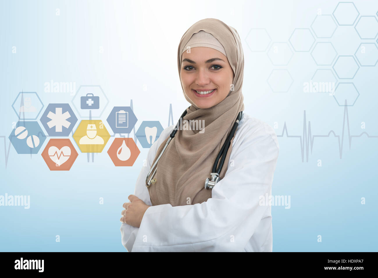 Closeup portrait of friendly, smiling confident muslim female doctor ...