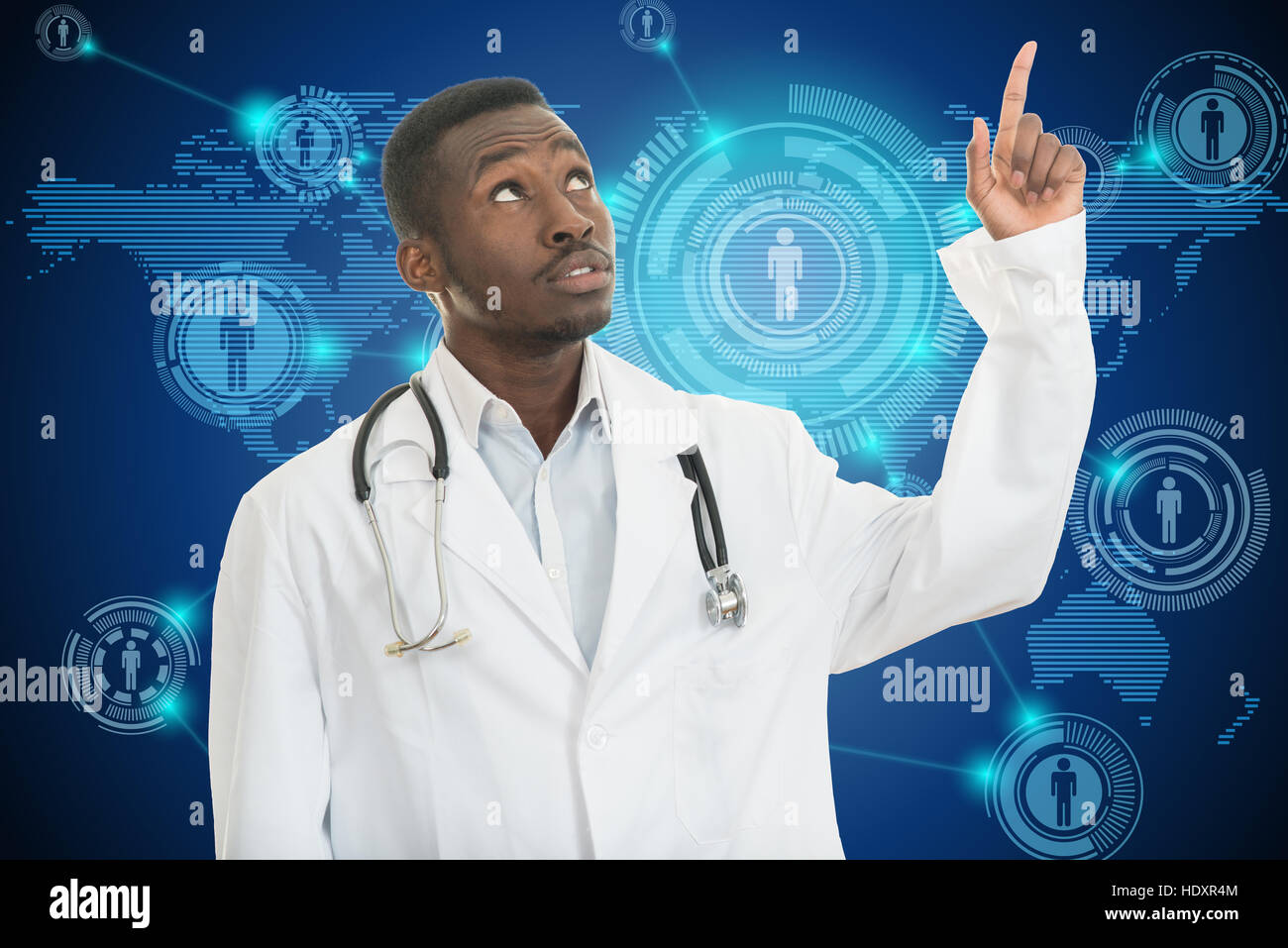 Portrait of black african american doctor with finger at medical ...