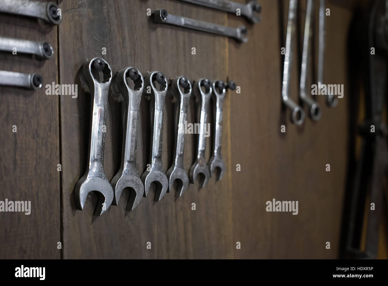 Side view shot Hand tool complete set the Wrench on wood board with ...