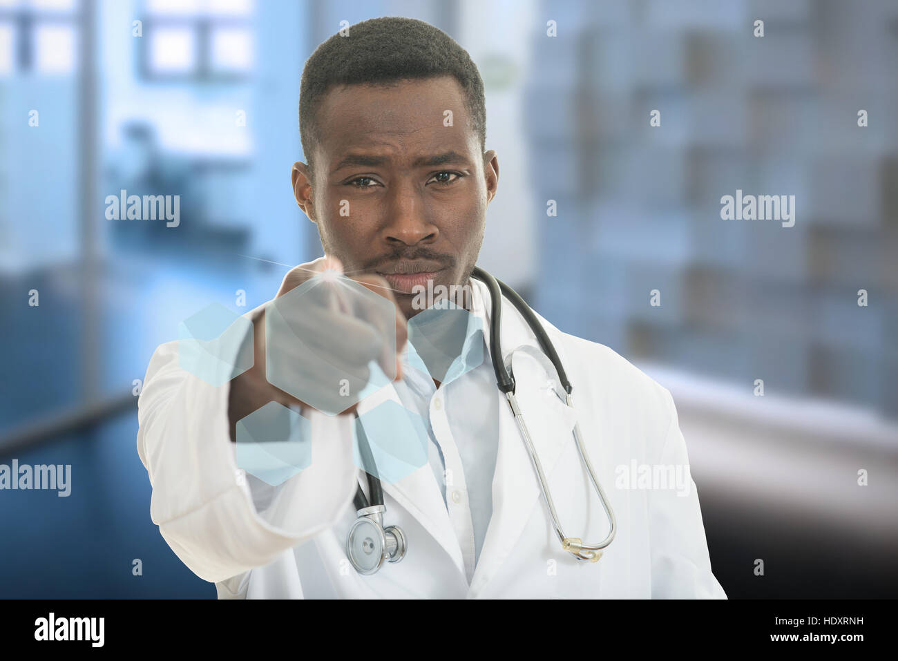 Angry african black male doctor pointing finger at you with stethoscope ...