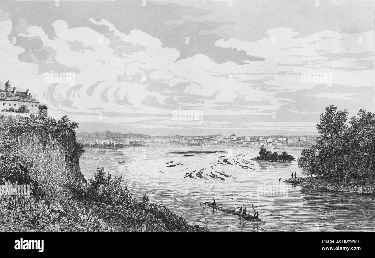 River Iser at Munich, Germany. 19th century steel engraving by ...