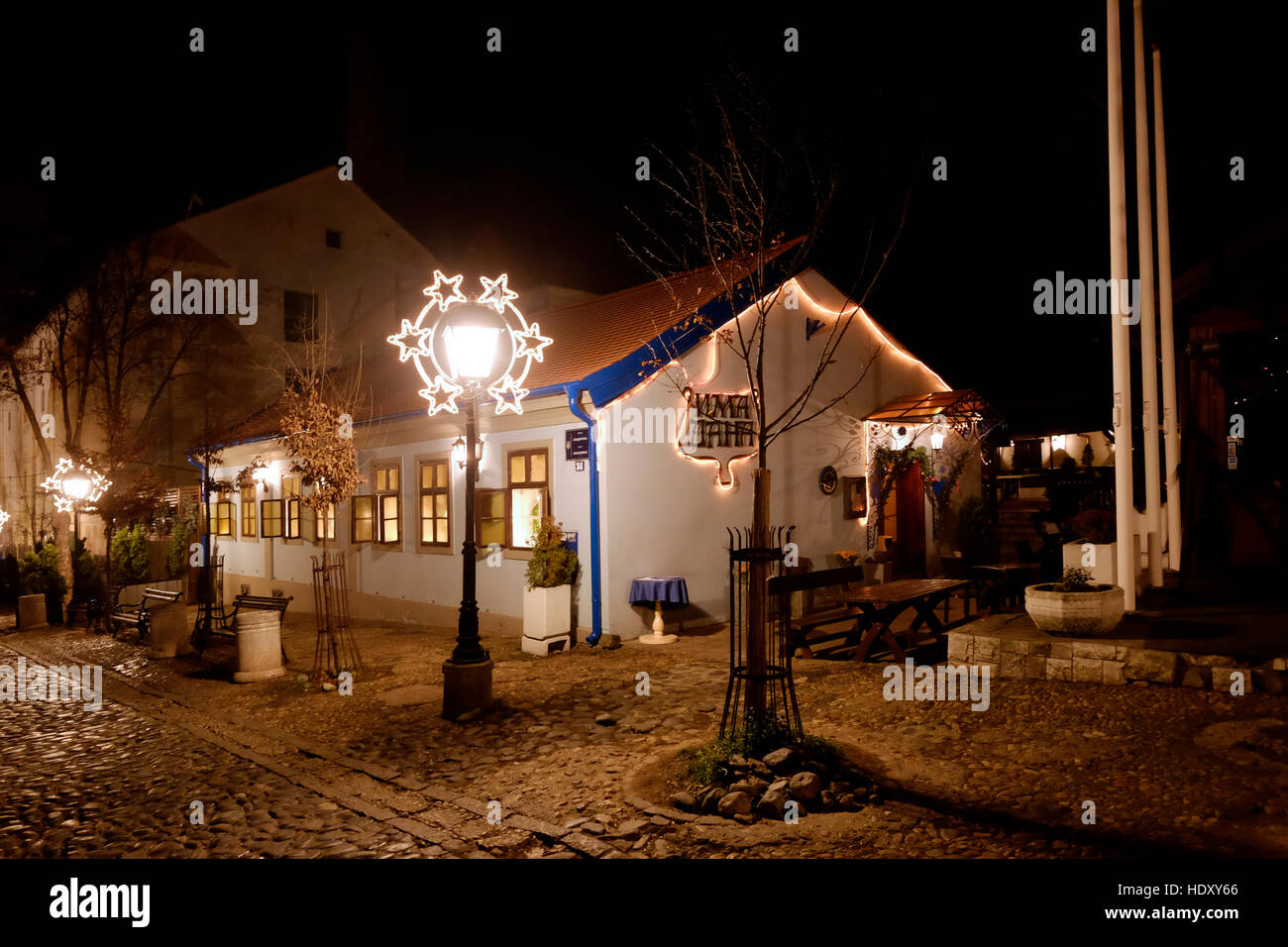 View at night of the bohemian Skadarlija street in the heart of Stari ...